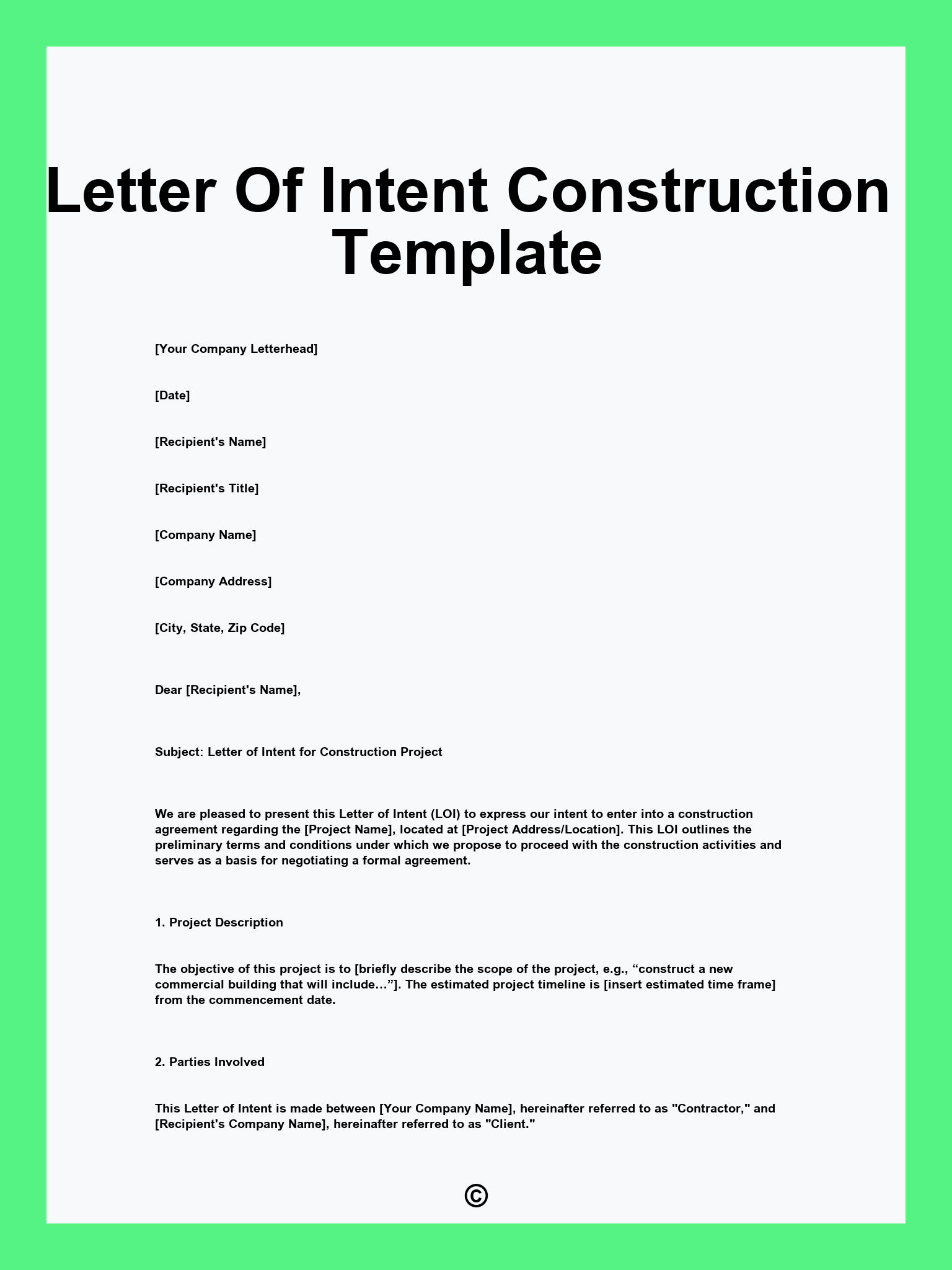 Letter Of Intent Construction Non Binding Letter Of Intent Template